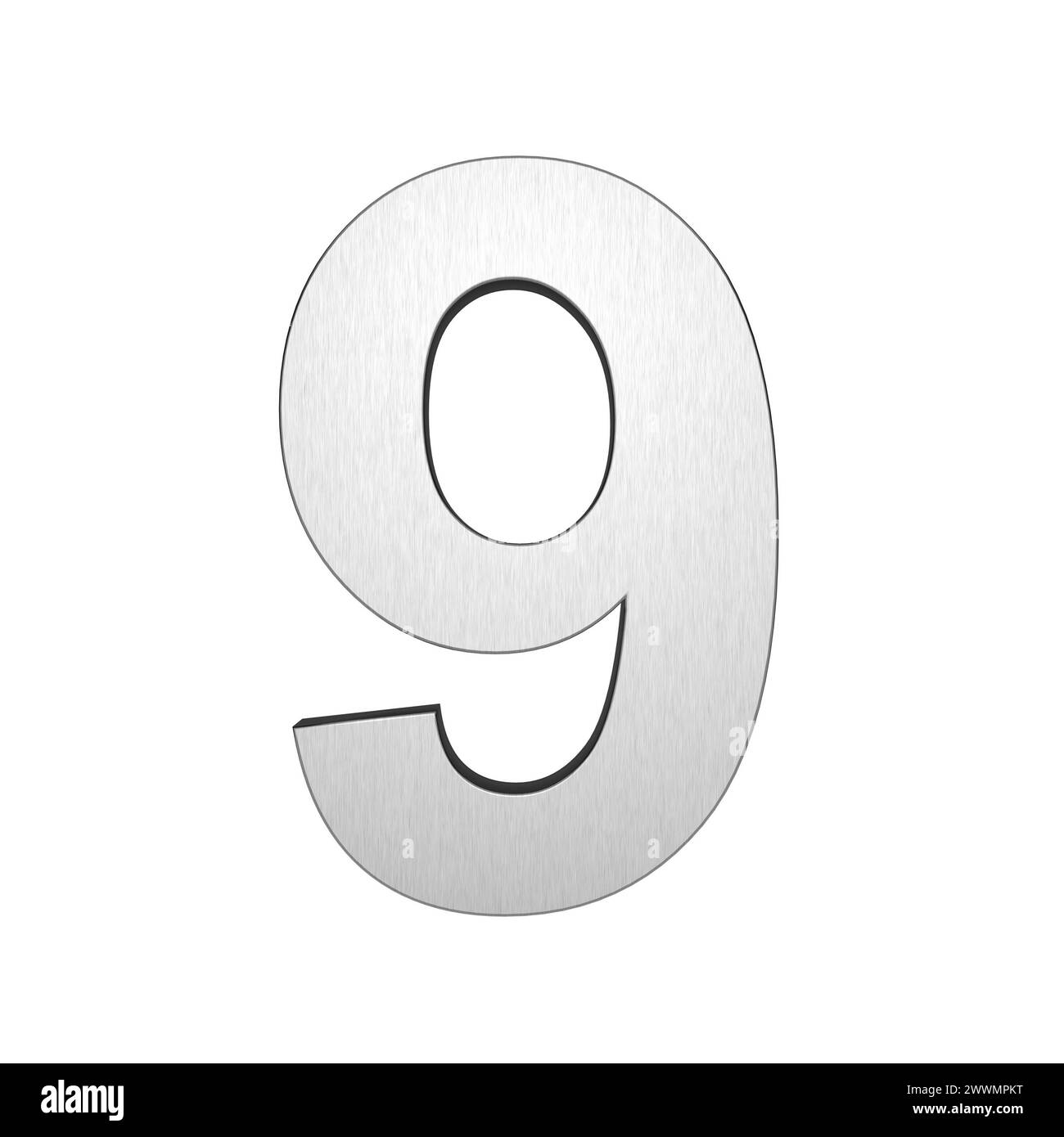 Gray brushed metal number nine 9 isolated on white background. 3D ...
