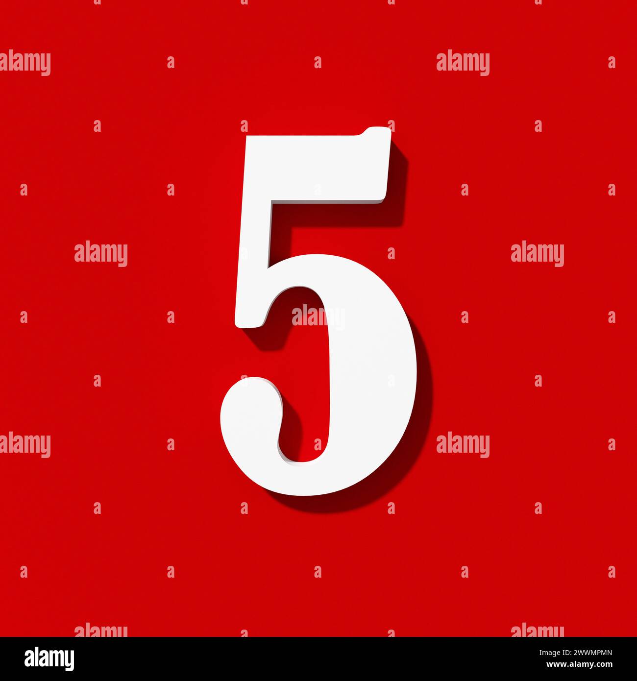 White number five 5 on red background. Top view. 3D render Stock Photo ...