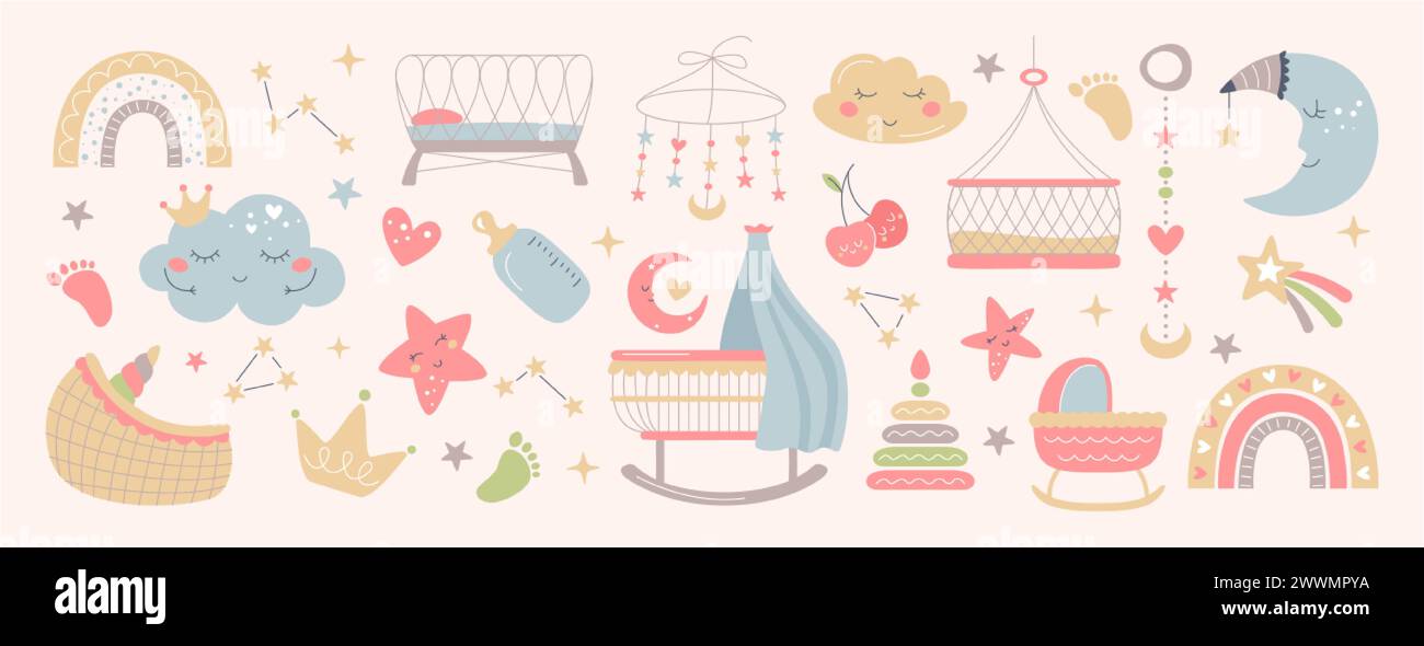 Boho baby objects in Scandinavian style. Nursery room decor with cute ...