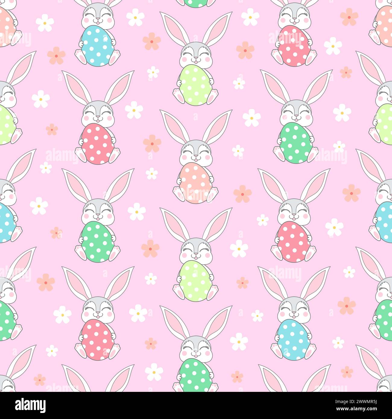 Seamless pattern with bunnies holding Easter eggs on a pink background ...