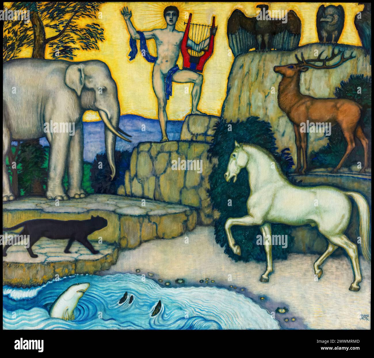 Franz von Stuck painting, Orpheus and the Animals, mixed media on ...