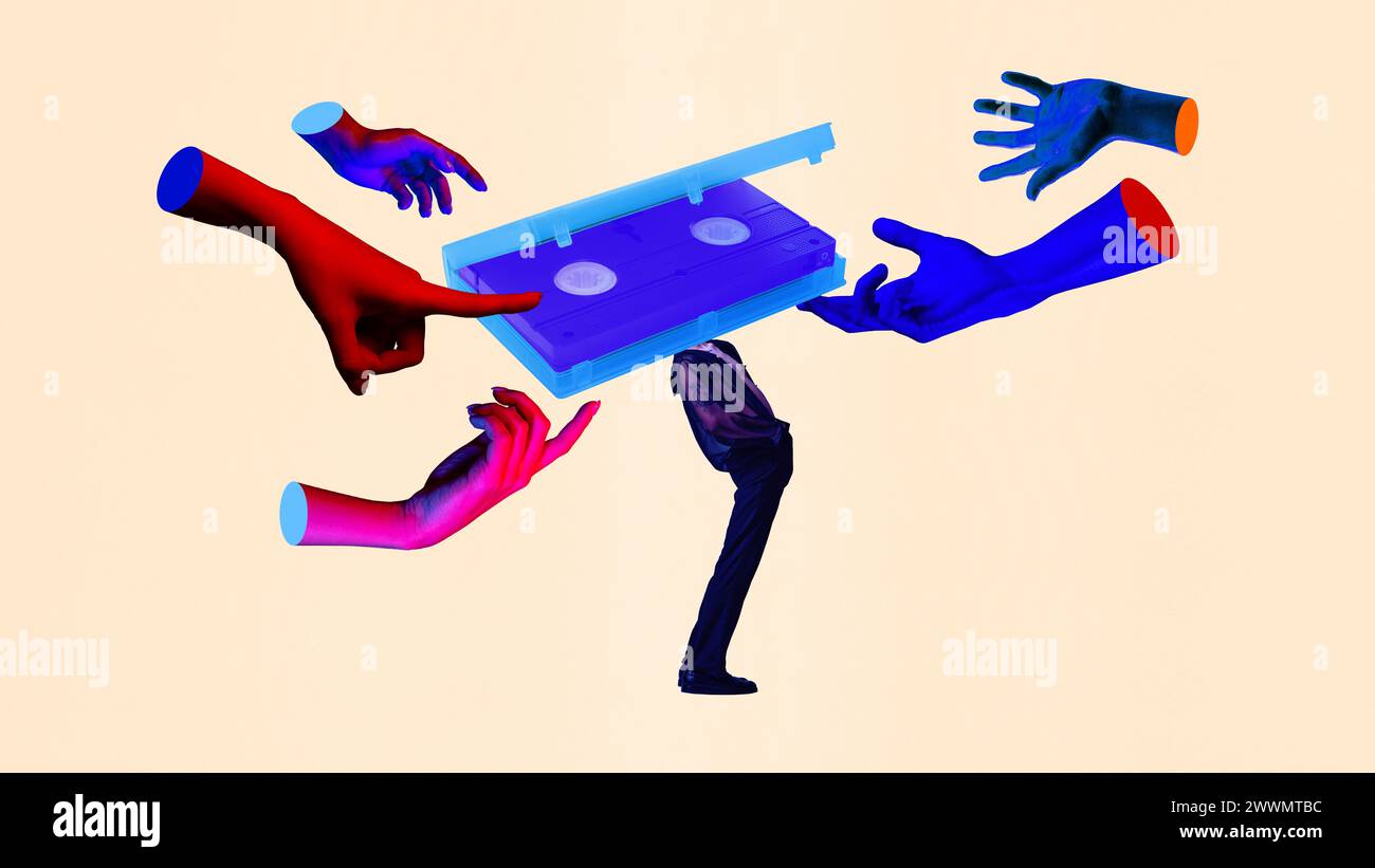 Contemporary art collage. Person with cassette tape body, colorful ...