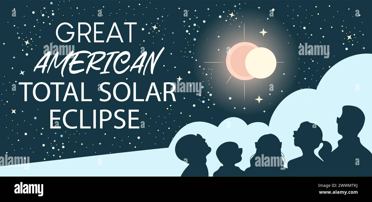 Great American total solar eclipse banner. People in glasses watching ...