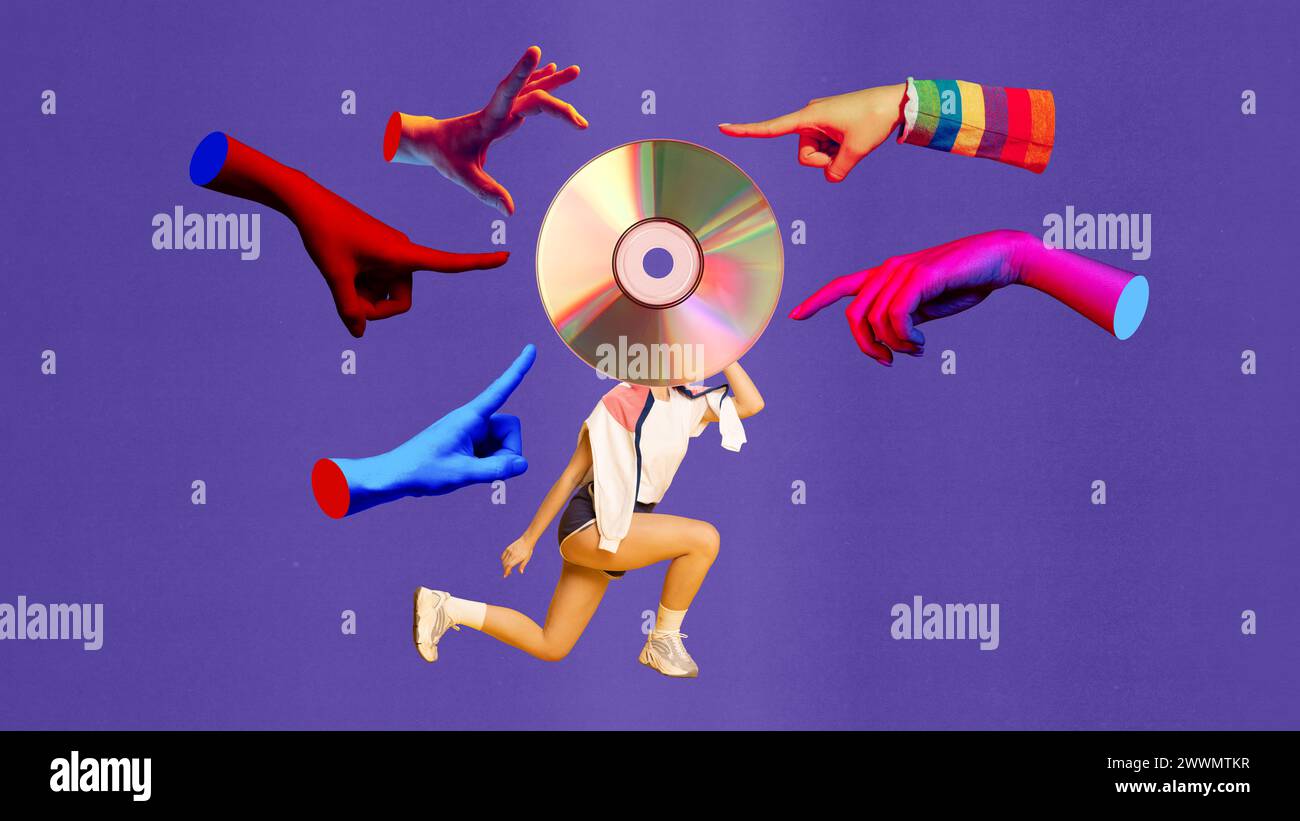 Person with CD head, colorful hands pointing, media, transition concept ...