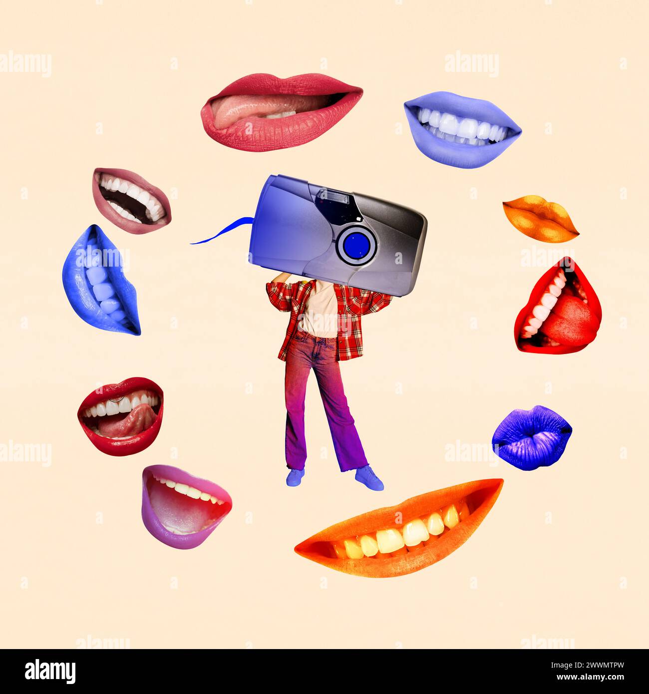 Person with camera head, mouths floating around, communication ...