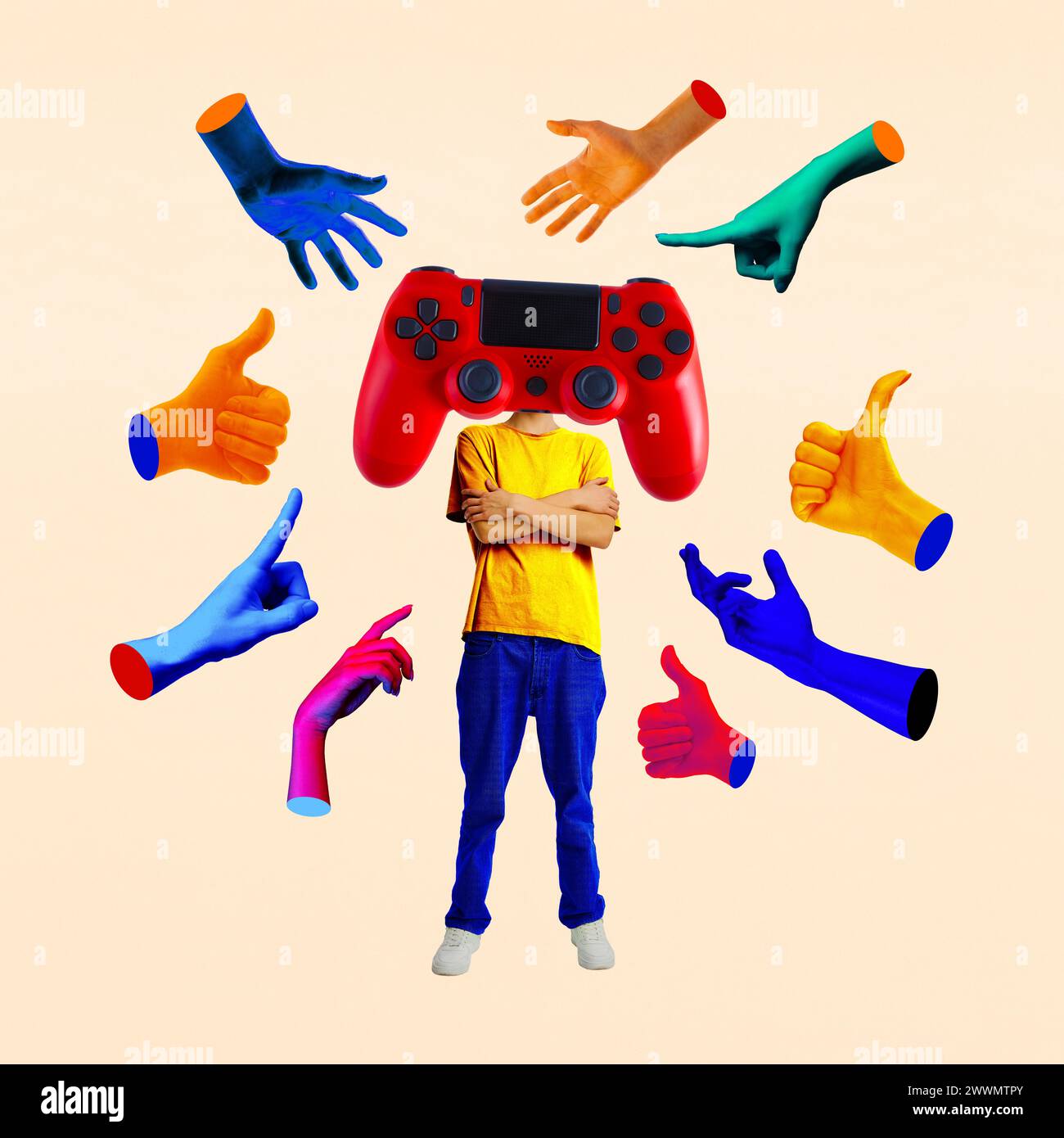Man headed with video game controller around many multicolored hands ...
