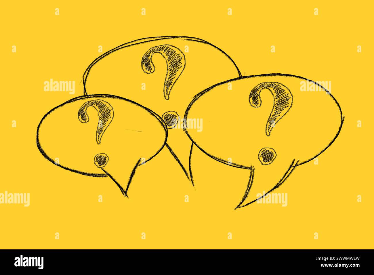 Question marks with speech bubble drawn on yellow background ...