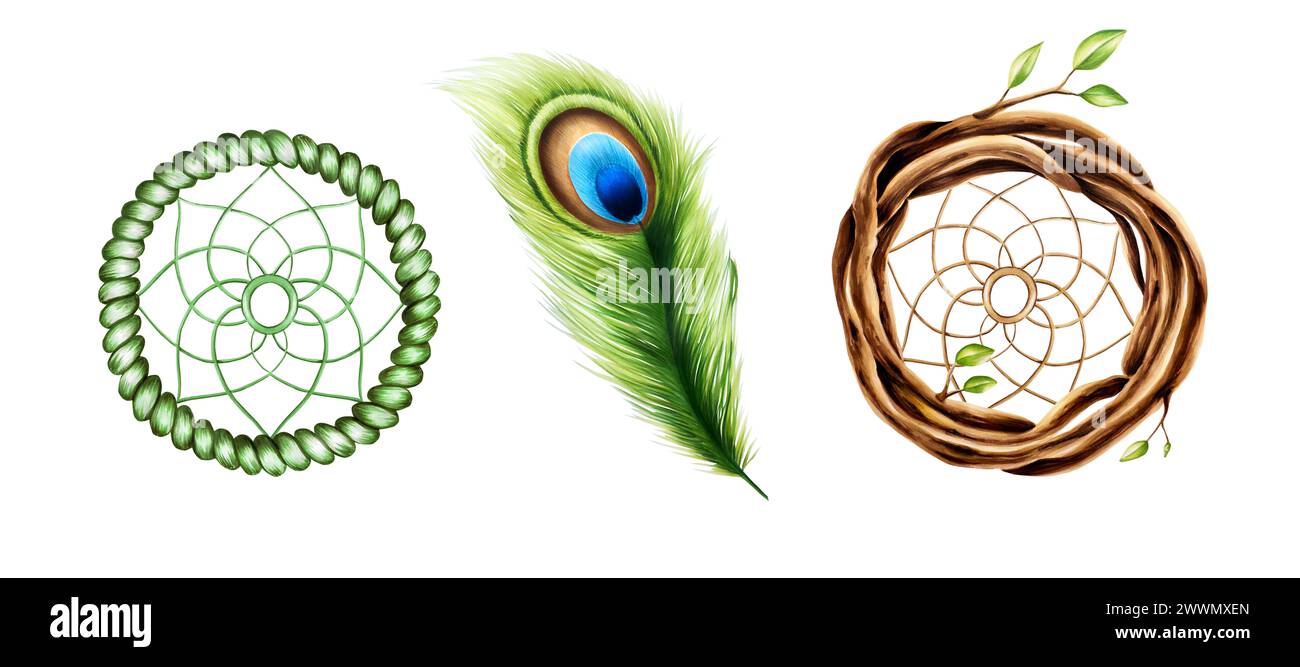 Marker illustration of ethnic wooden dream catcher pendant, wreath of ...