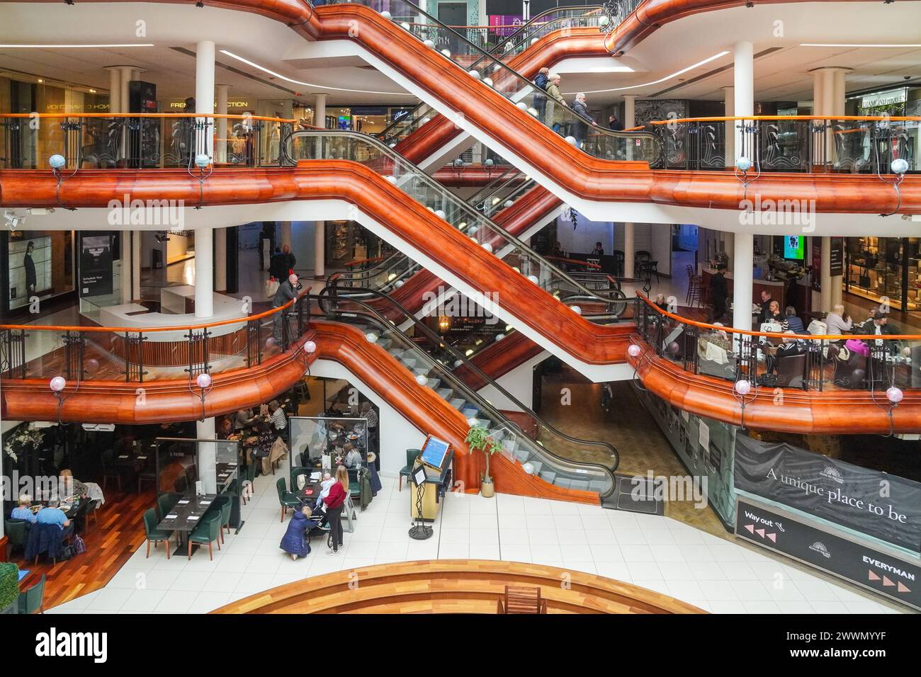 Interior of Princes Square shopping mall showing the food hall on the ...