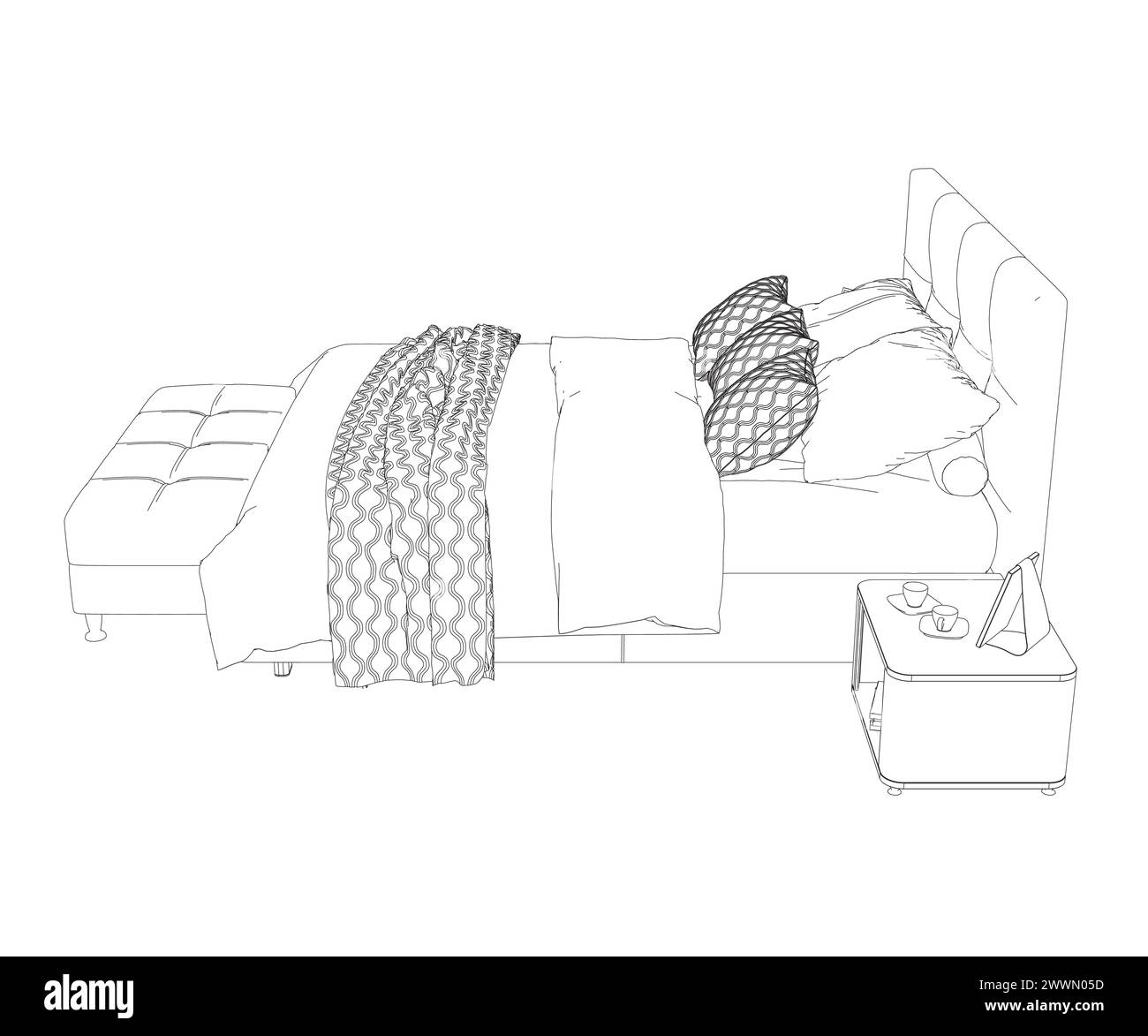 Hand drawn bed icon in vector. Outline of a sleeping bed with an unmade ...