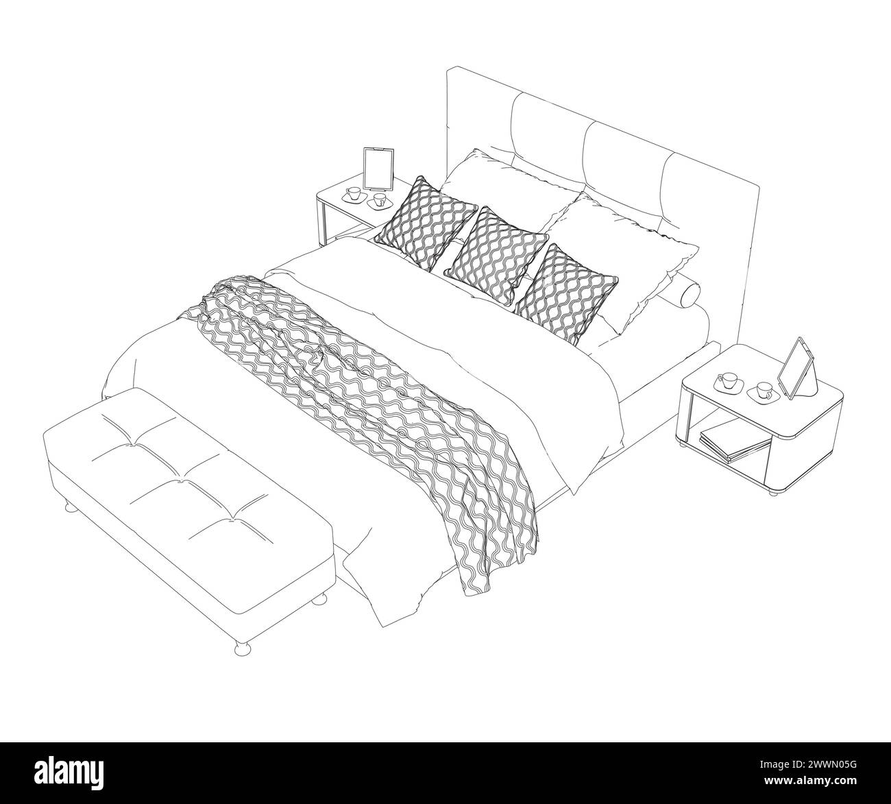 Hand drawn bed icon in vector. Outline of a sleeping bed with an unmade ...