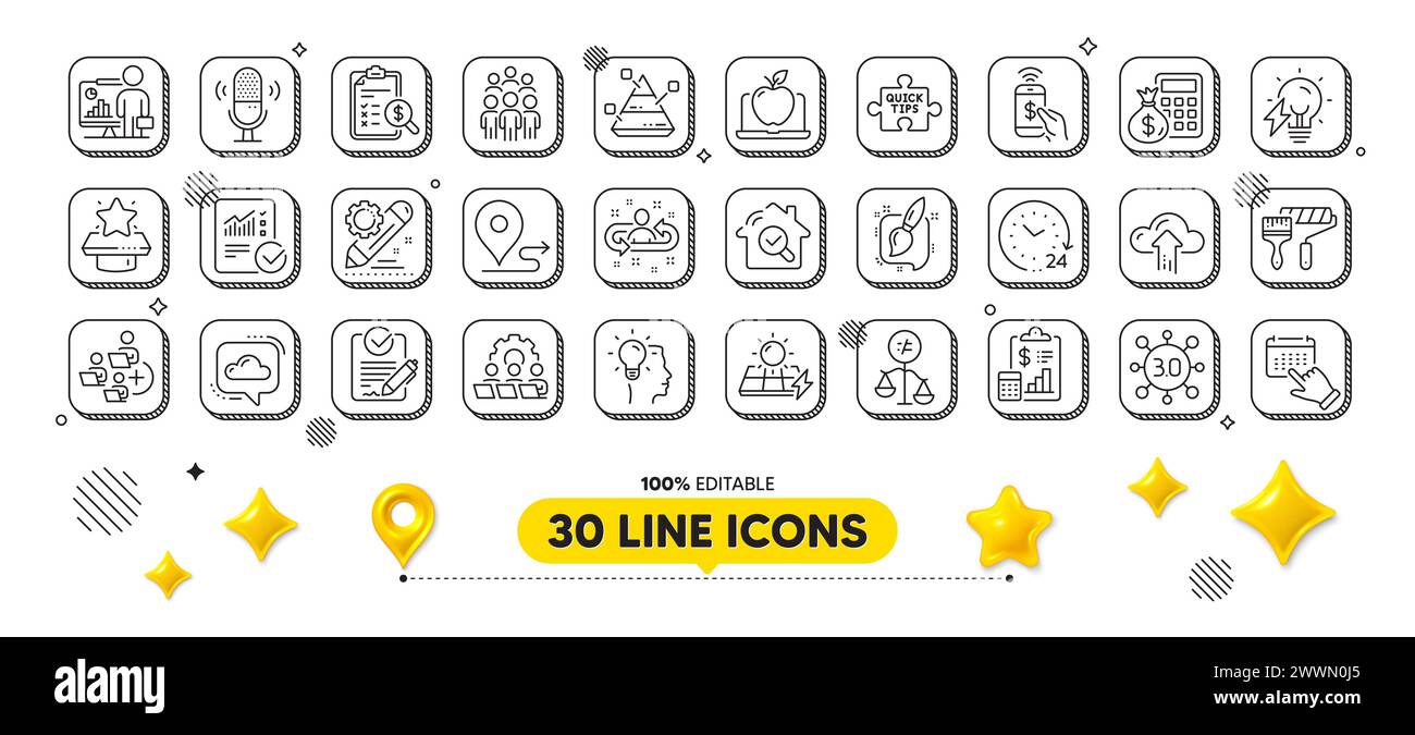 Web3, Cloud upload and Checked calculation line icons pack. For web app. 3d design elements ...