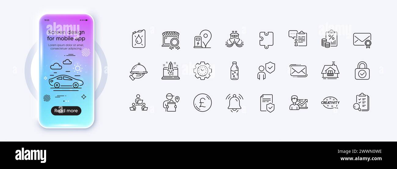 Time management, Notification bell and Restaurant food line icons for web app. Pictogram icon ...