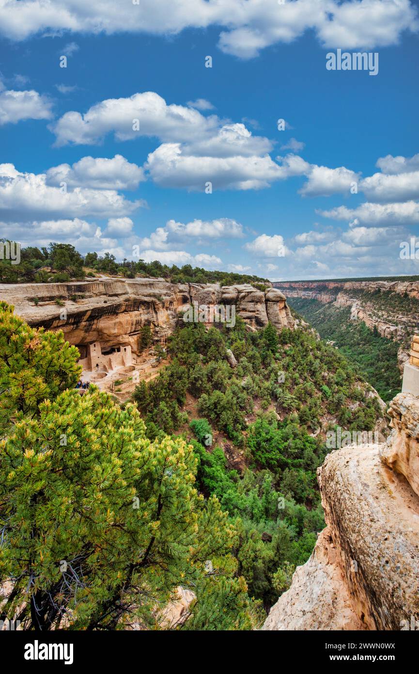 A lush green valley with historic cliffside dwellings nestled within ...