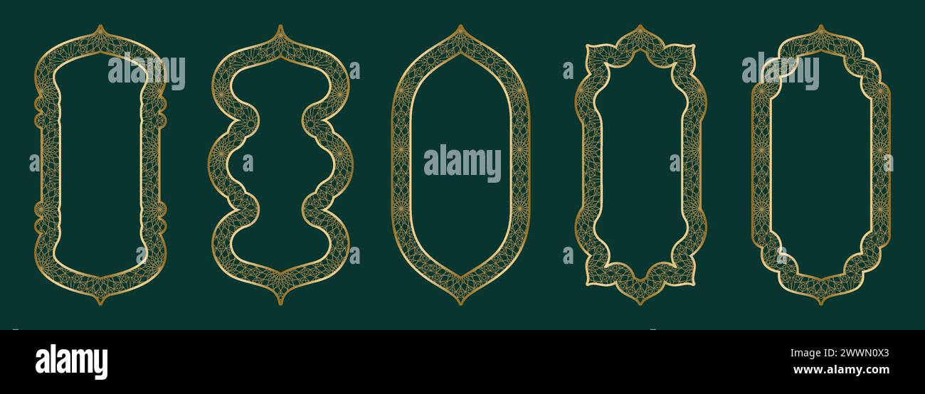 Gold arch frame shape Islamic window door with geometric girikh pattern ...