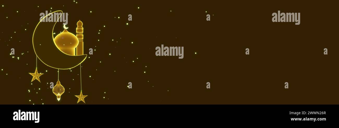 Islamic banner with crescent moon, mosque, hanging golden stars and ...