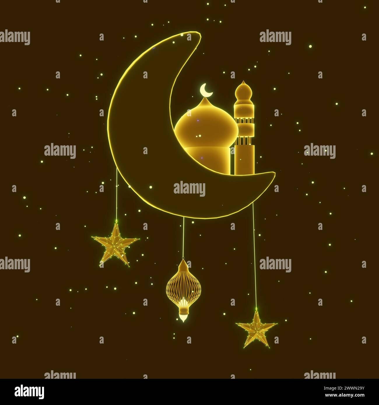 Islamic background with crescent moon, mosque, hanging golden stars and ...