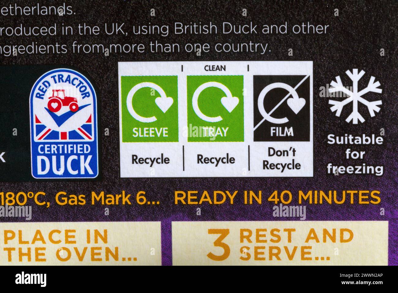 Red Tractor certified duck and recycling symbols on box of Duck Breasts ...