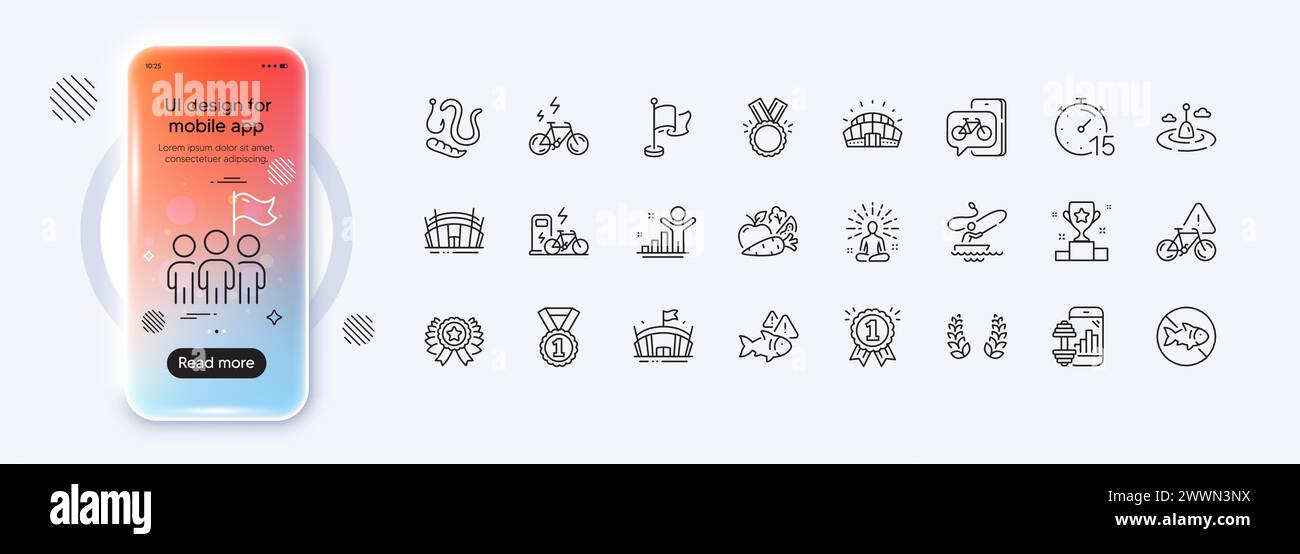 Bike app, E-bike and Winner line icons for web app. Phone mockup ...