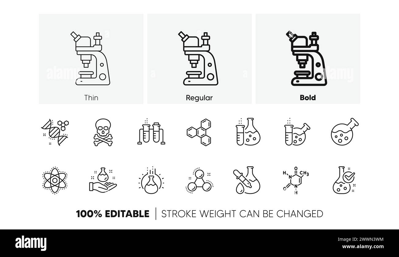Chemistry lab line icons. Chemical formula, Microscope and Medical analysis. Linear set. Line ...