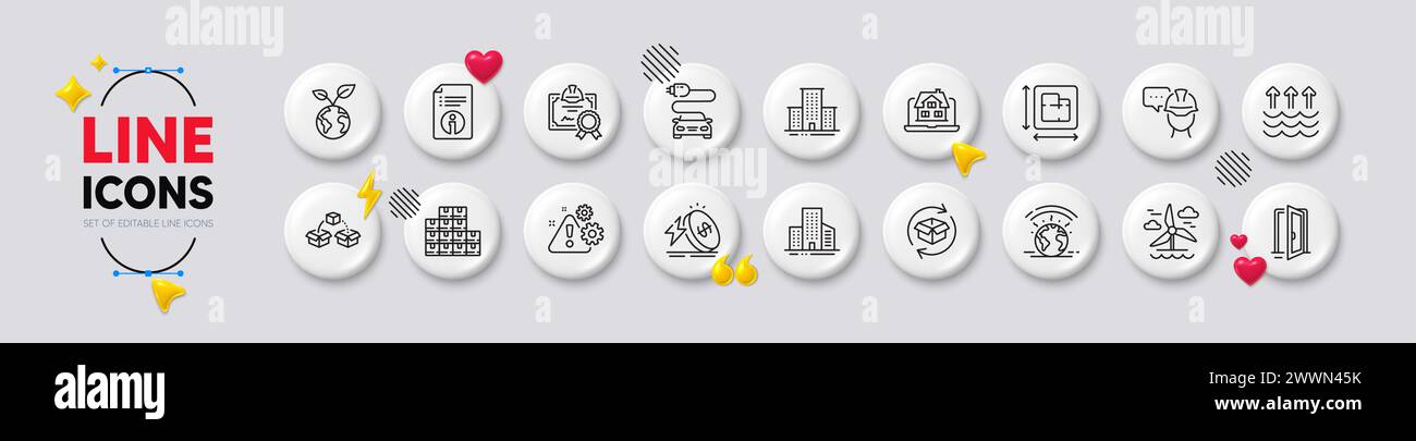 Greenhouse, Evaporation and Windmill line icons. For web app, printing. White buttons 3d icons ...