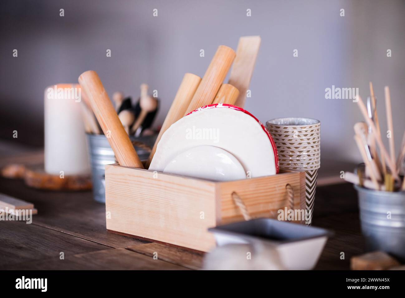 Ceramics. Objects for working with clay, stacks, sticks, brushes ...