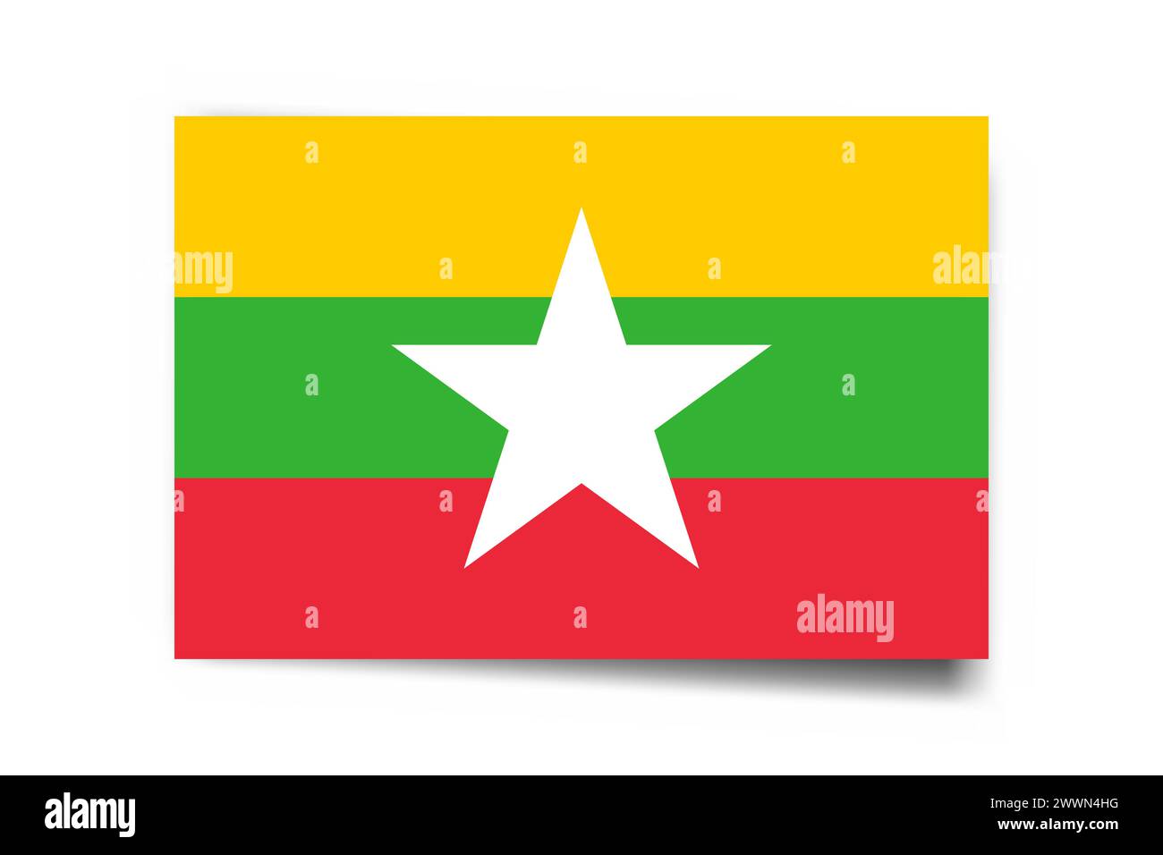 Myanmar flag - rectangle card with dropped shadow isolated on white ...
