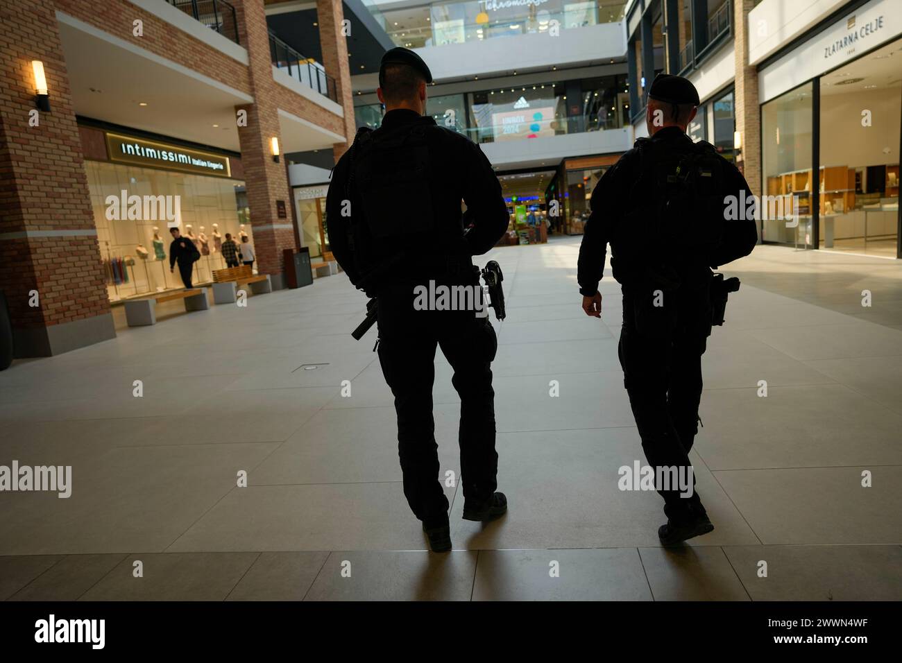Serbian special police officers patrol at a shopping mall in Belgrade ...