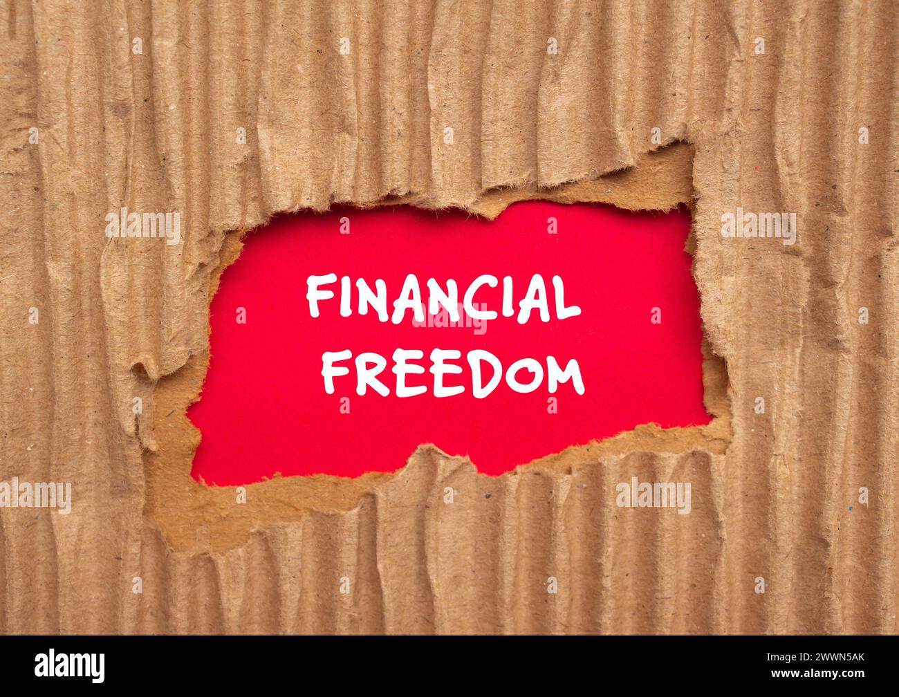 Financial freedom words written on torn cardboard paper with red ...
