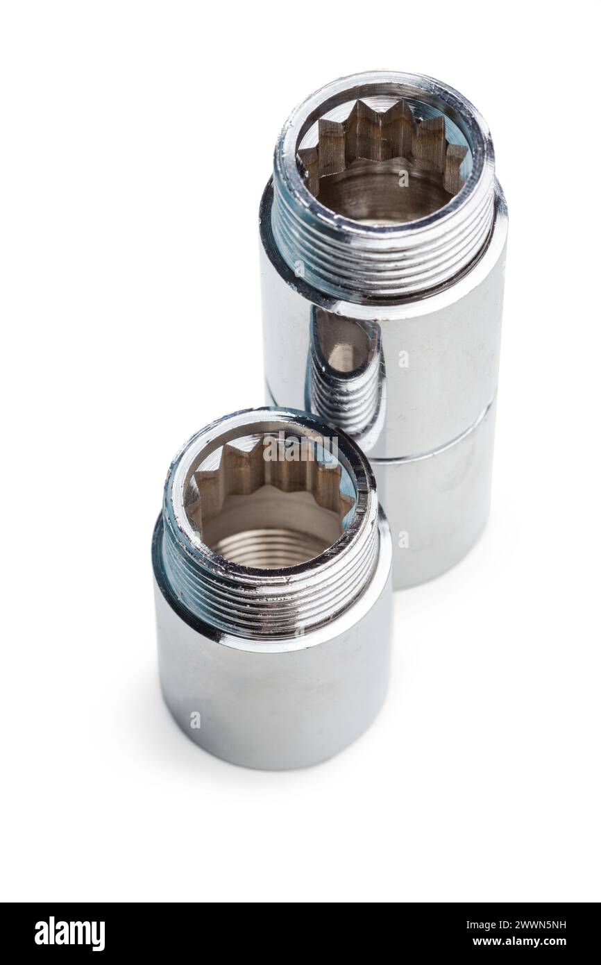 Set of metal-plastic plumbing couplings, adapters, plugs isolated on ...