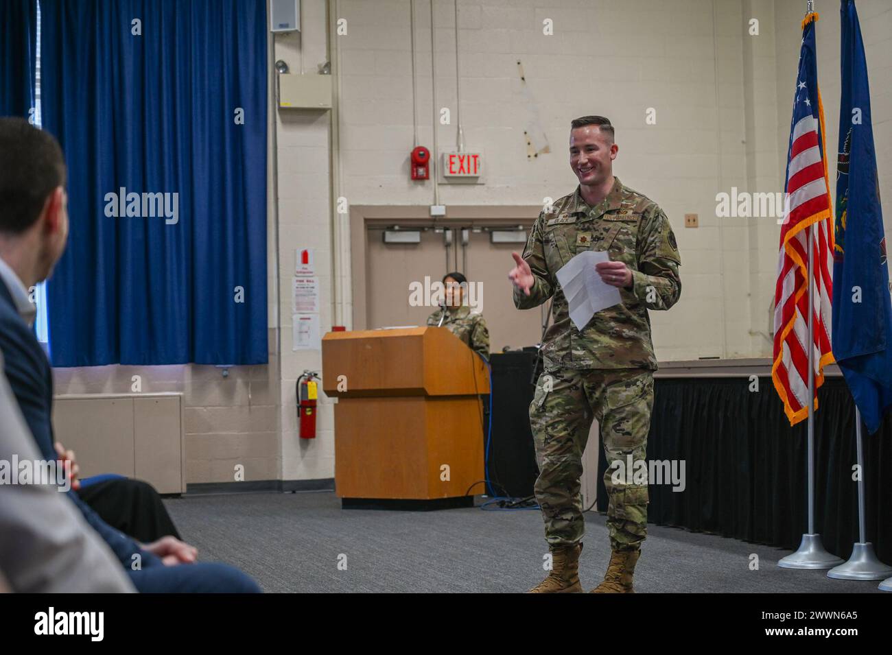 Pennsylvania Air National Guard Maj. Hugh Black addresses the audience ...