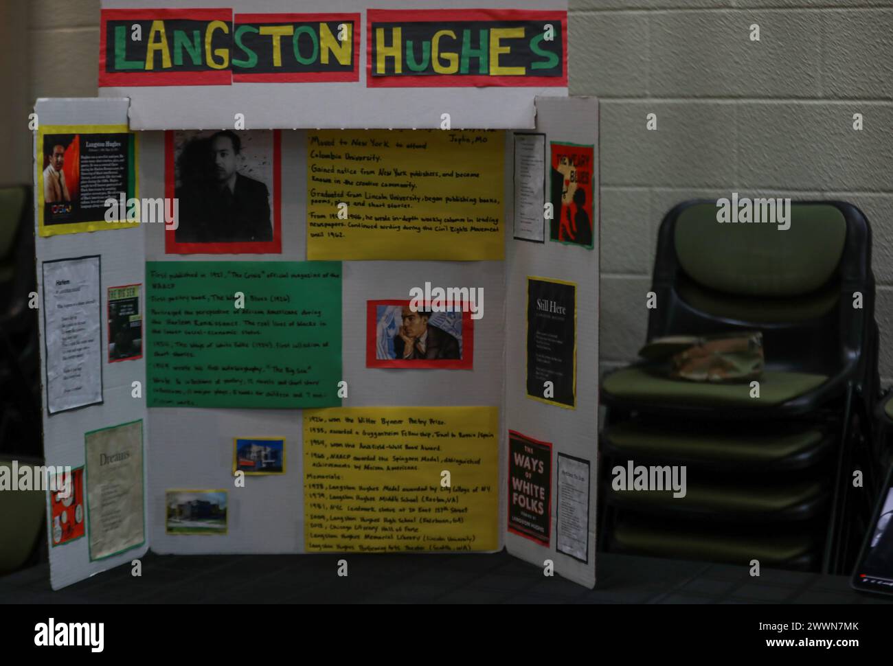 A poster about Langston Hughes is presented during a Black History ...