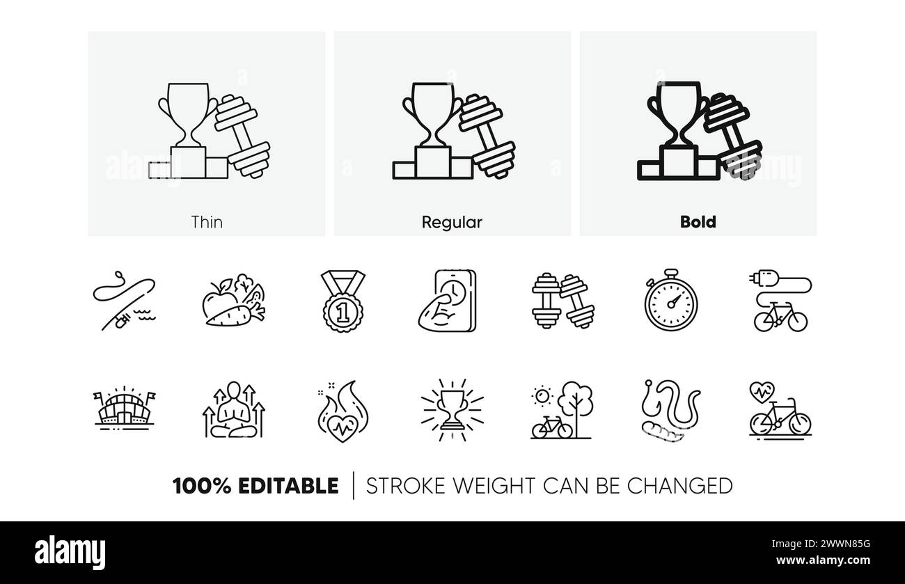 Dumbbells, Vegetables and Trophy line icons. Pack of Electric bike ...