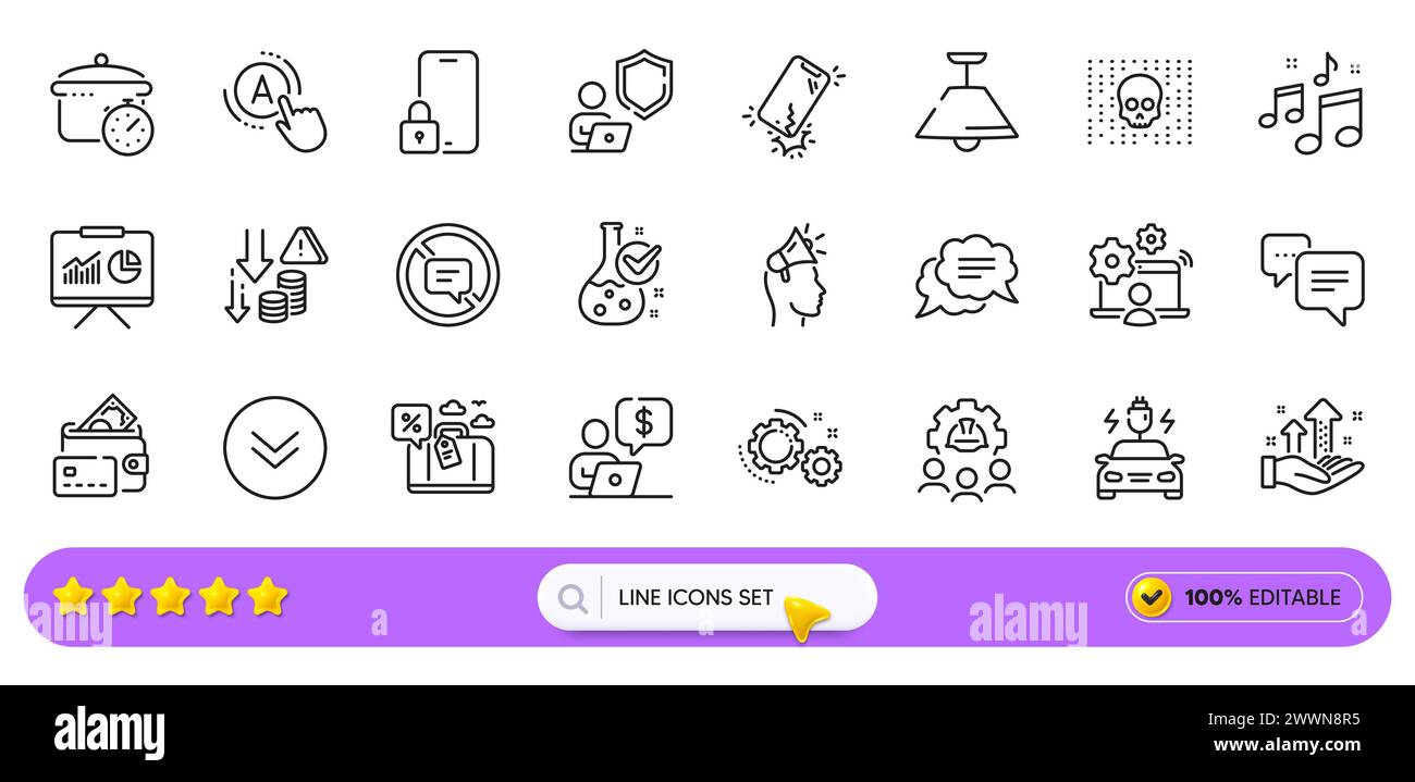 Stop talking, Car charging and Music line icons for web app. Pack of ...