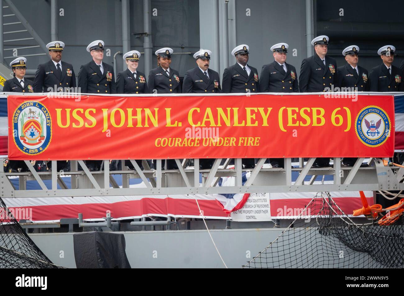 Sailors assigned to the USS John L. Canley (ESB 6) "bring the ship to ...