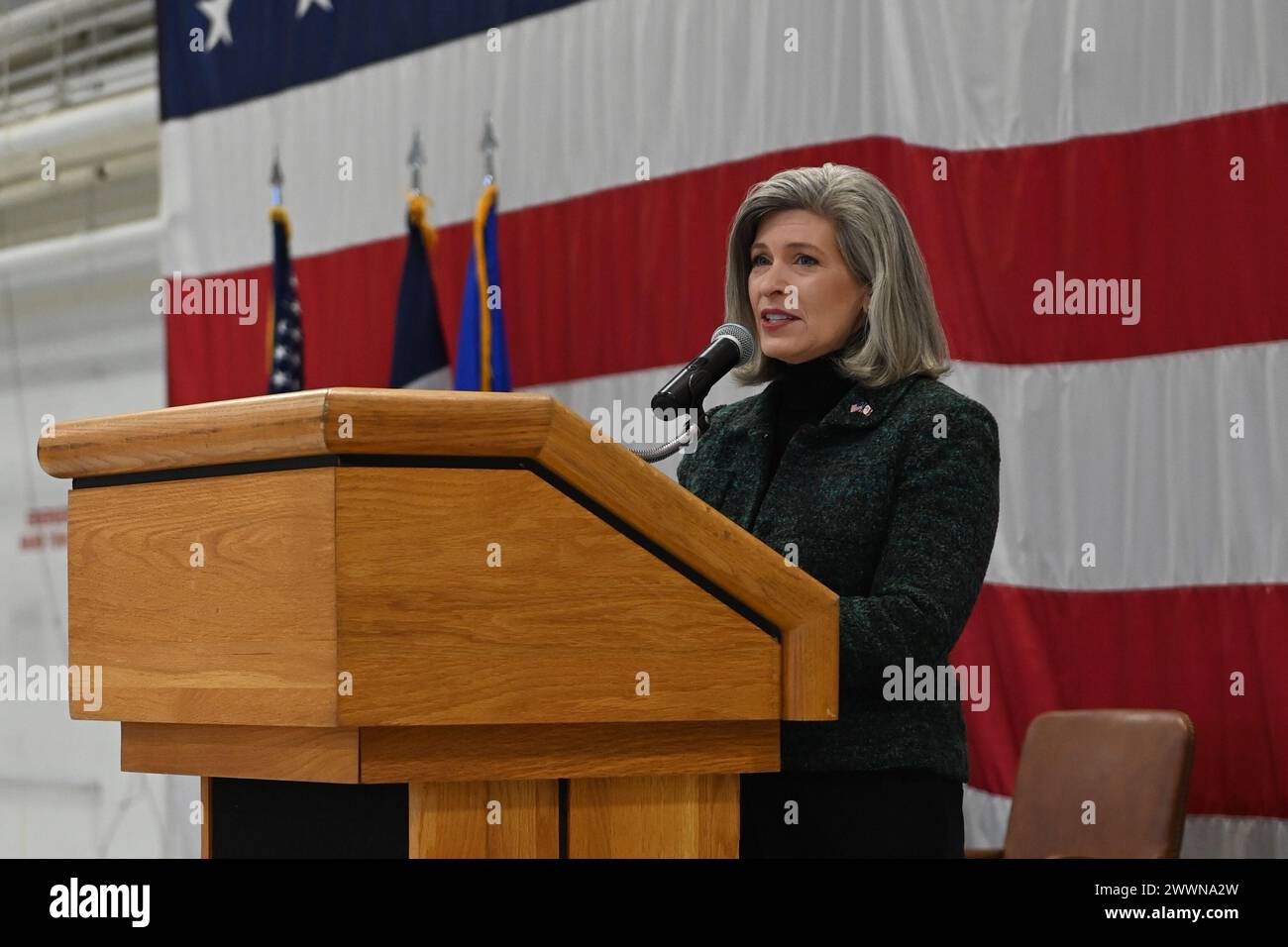 Iowa Senator Joni Ernst speaks to members of the 132 Wing during ...