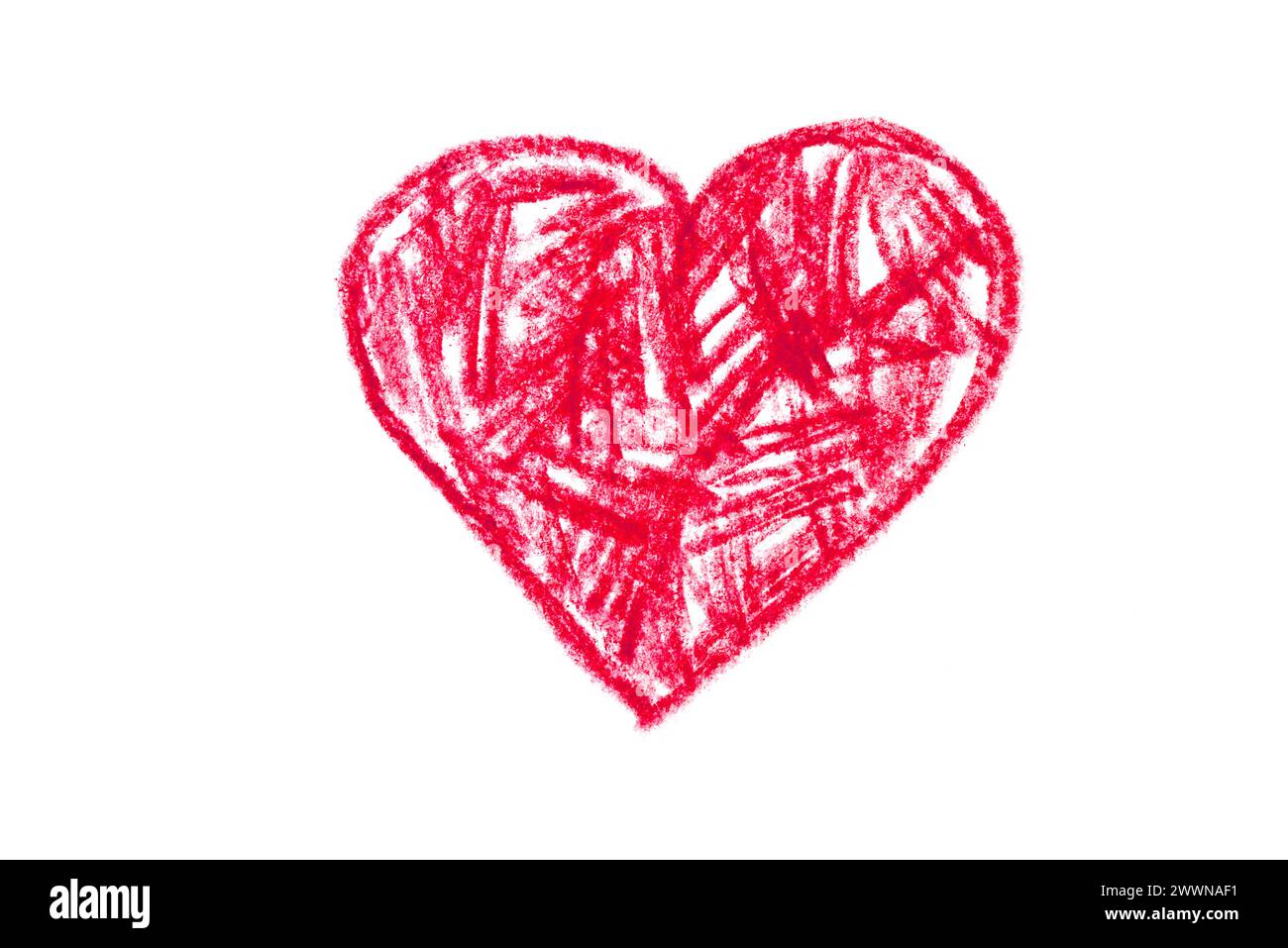 A photo of a red heart drawn in pencil isolated on white background ...
