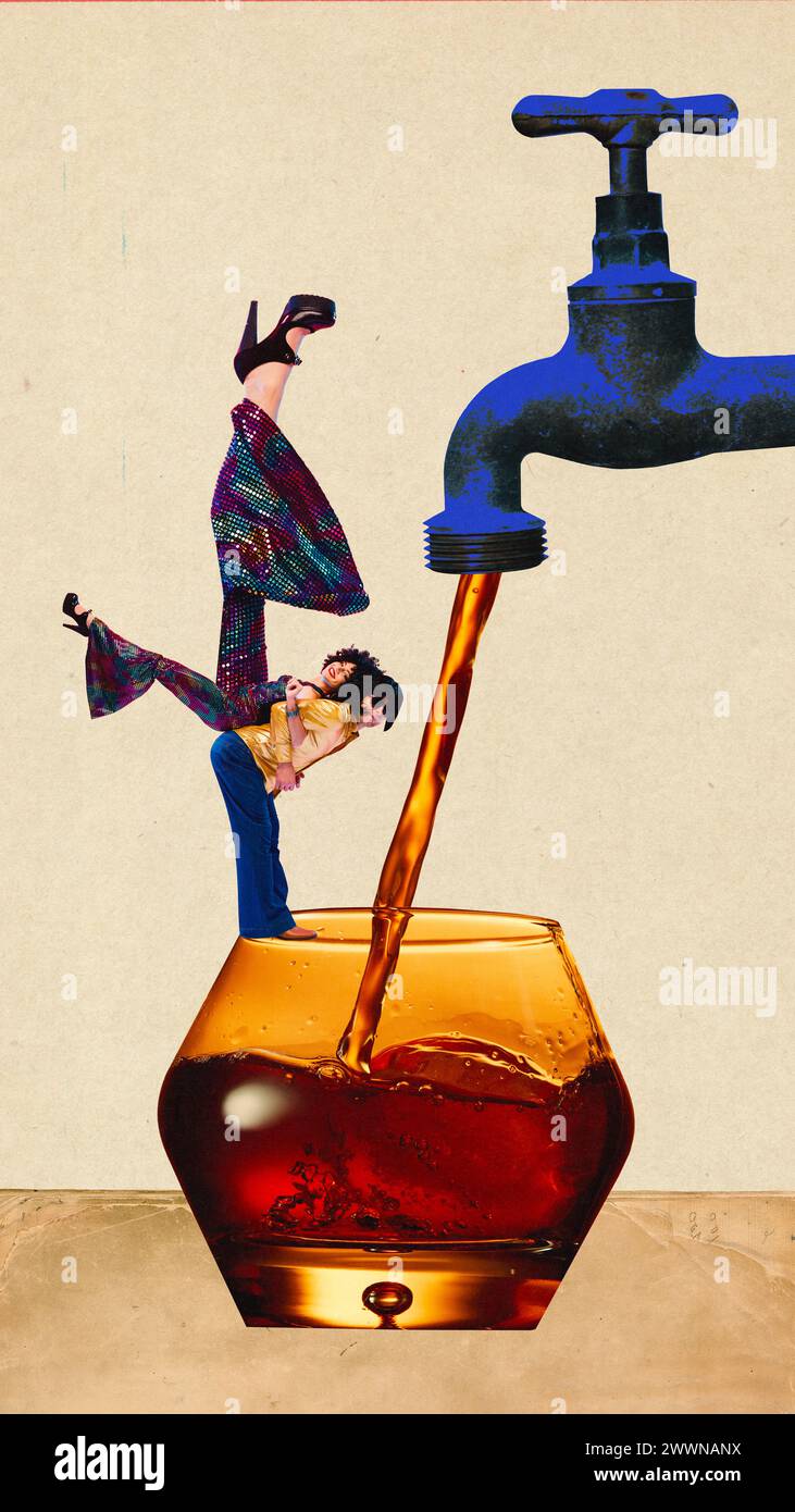 Poster. Contemporary art collage. Dance couple, dancing on edge of ...