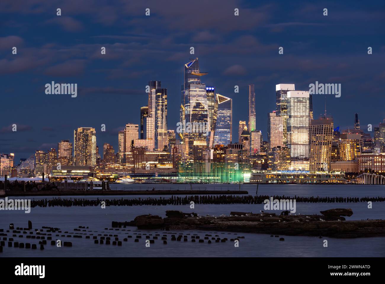 New York City skyline with illuminated Hudson Yards skyscrapers in ...