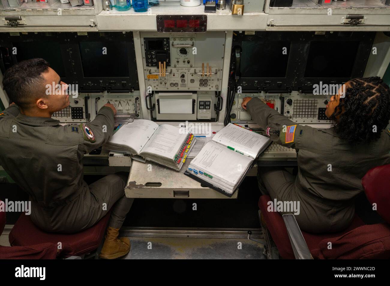 U.S. Air Force 742nd Missile Squadron missileers practice in a missile ...