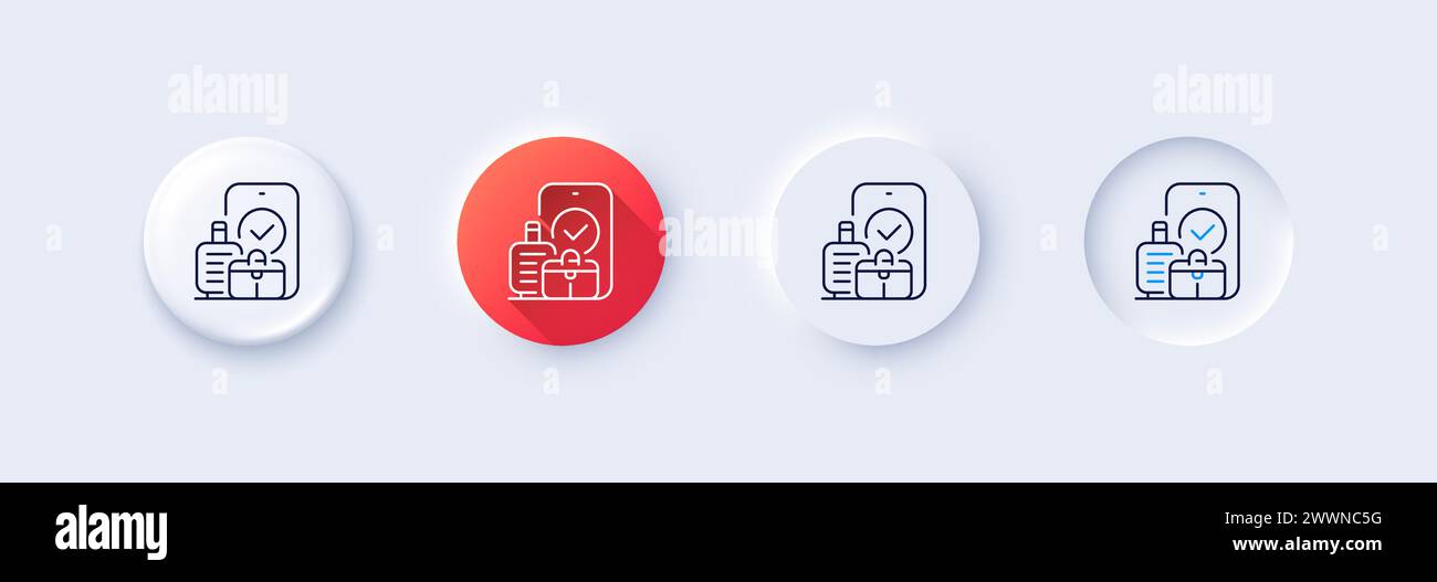 Carry-on baggage line icon. Neumorphic, Red gradient, 3d pin buttons ...