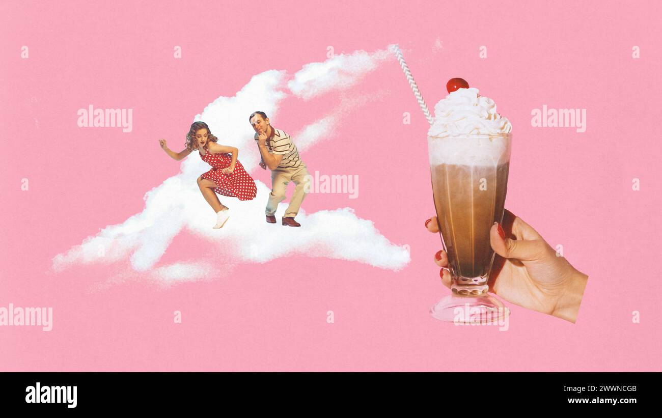 Poster. Contemporary art collage. Hand holding sweet milkshake while ...
