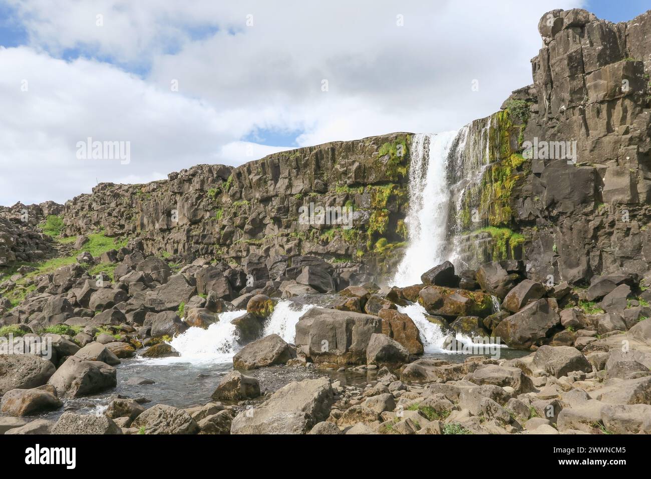 Beautiful Oxararfoss waterfall in summer, Thingvellir National Park in ...