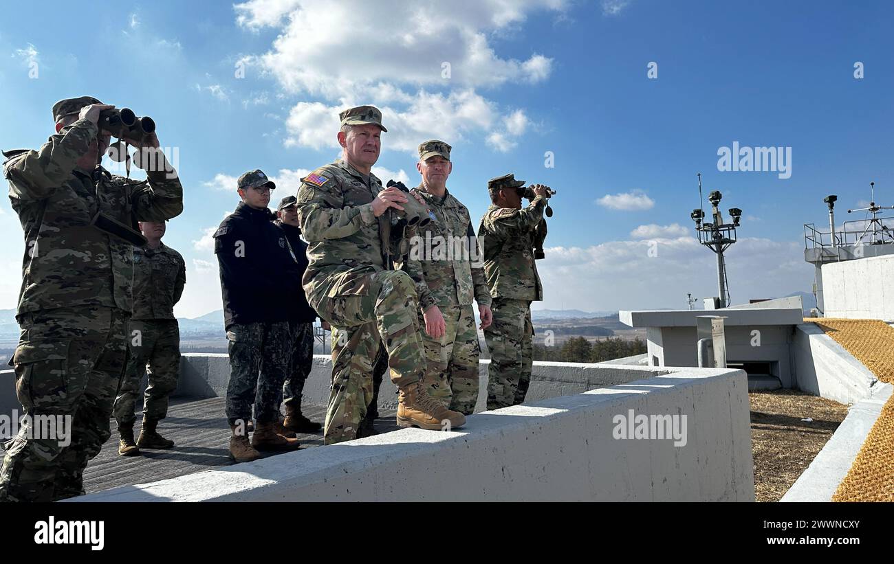 Sgt. Maj. of the Army Michael Weimer takes a look around the DMZ while ...