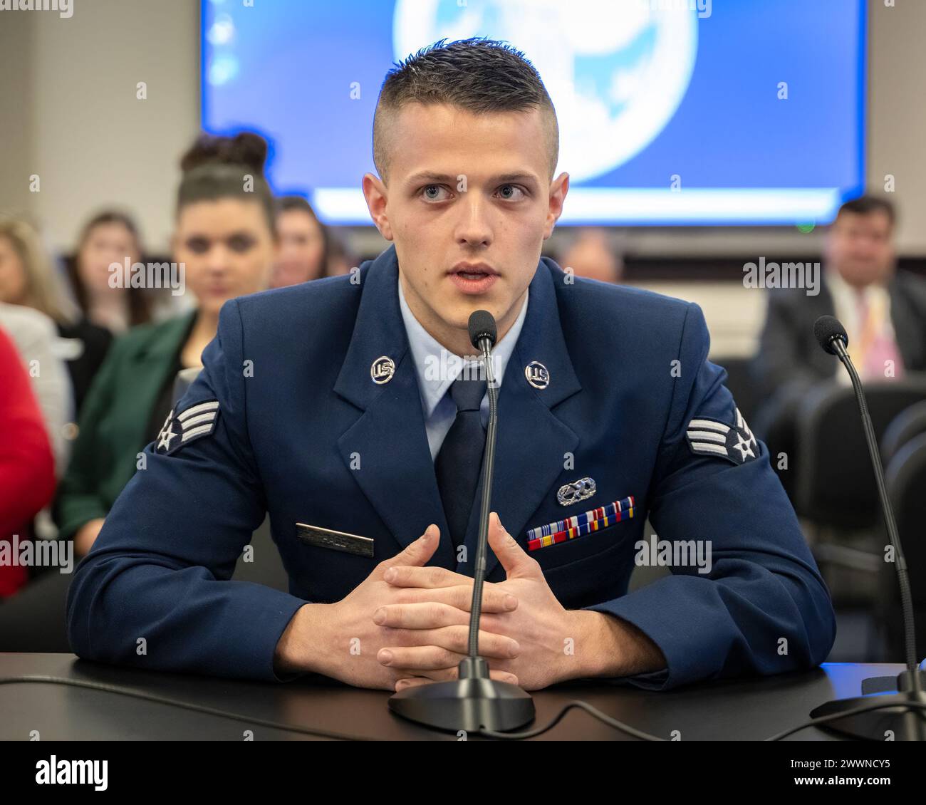 Senior Airman Ethan Hall, a C-130J Super Hercules crew chief for the Kentucky Air National Guard ...