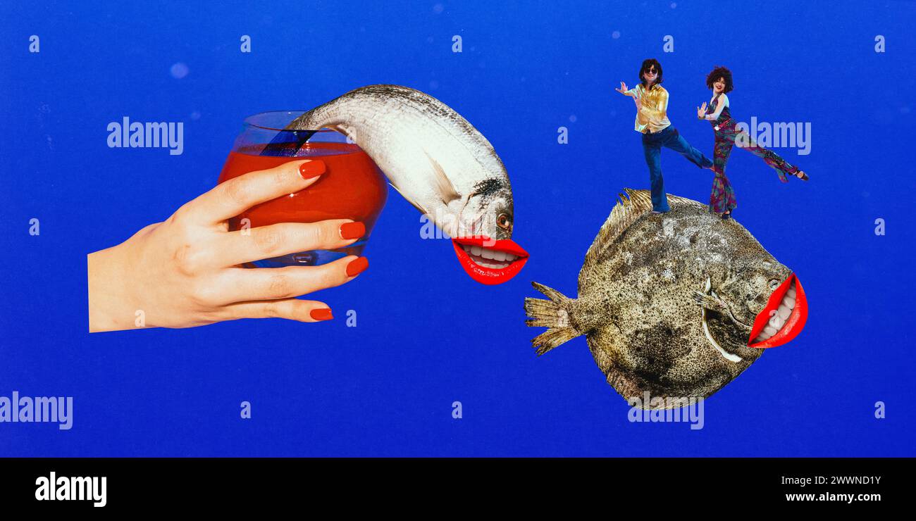 Poster. Contemporary art collage. Hand holding glass of Bloody Mary ...