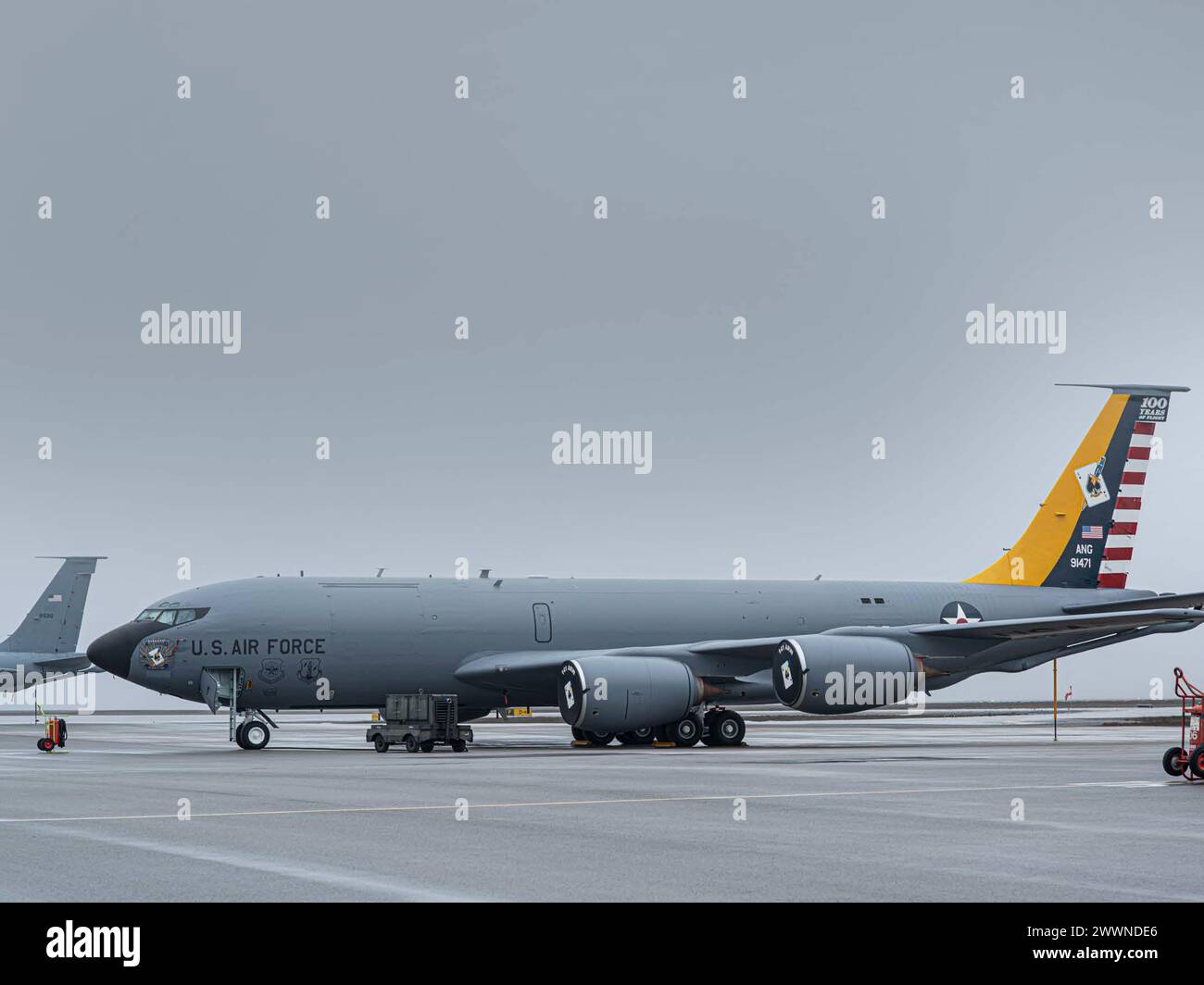 The newly painted tail of a KC-135 is captured on the flight line at Fairchild Air Force Base ...