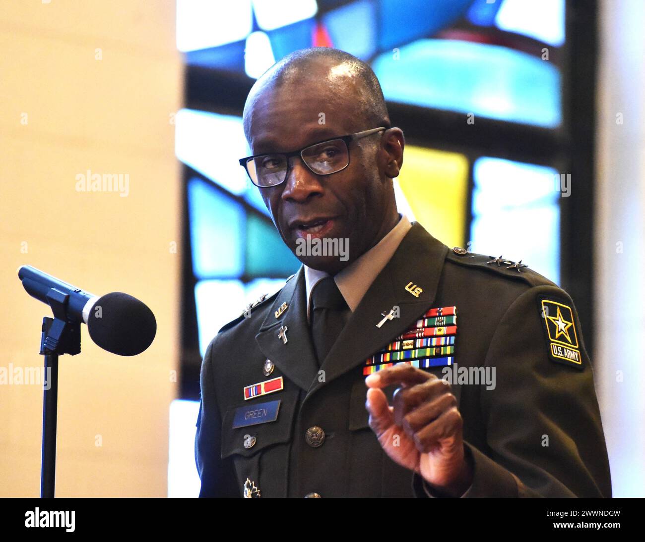 Maj. Gen. William "Bill" Green, Jr., U.S. Army chief of chaplains, speaks during the promotion ...