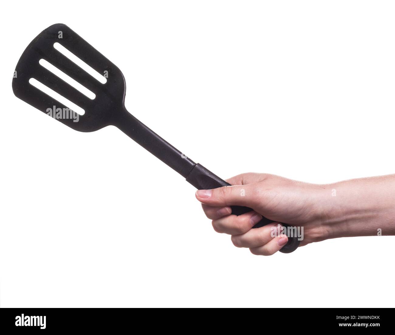 kitchen utensils in the hand of women isolated on white background ...