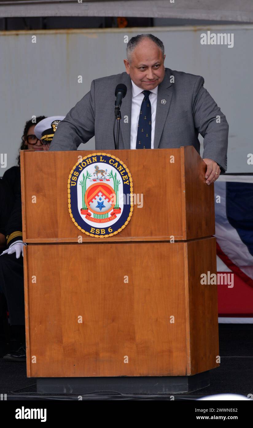 Secretary of the Navy, Carlos Del Toro, speaks to the crowd at the ...